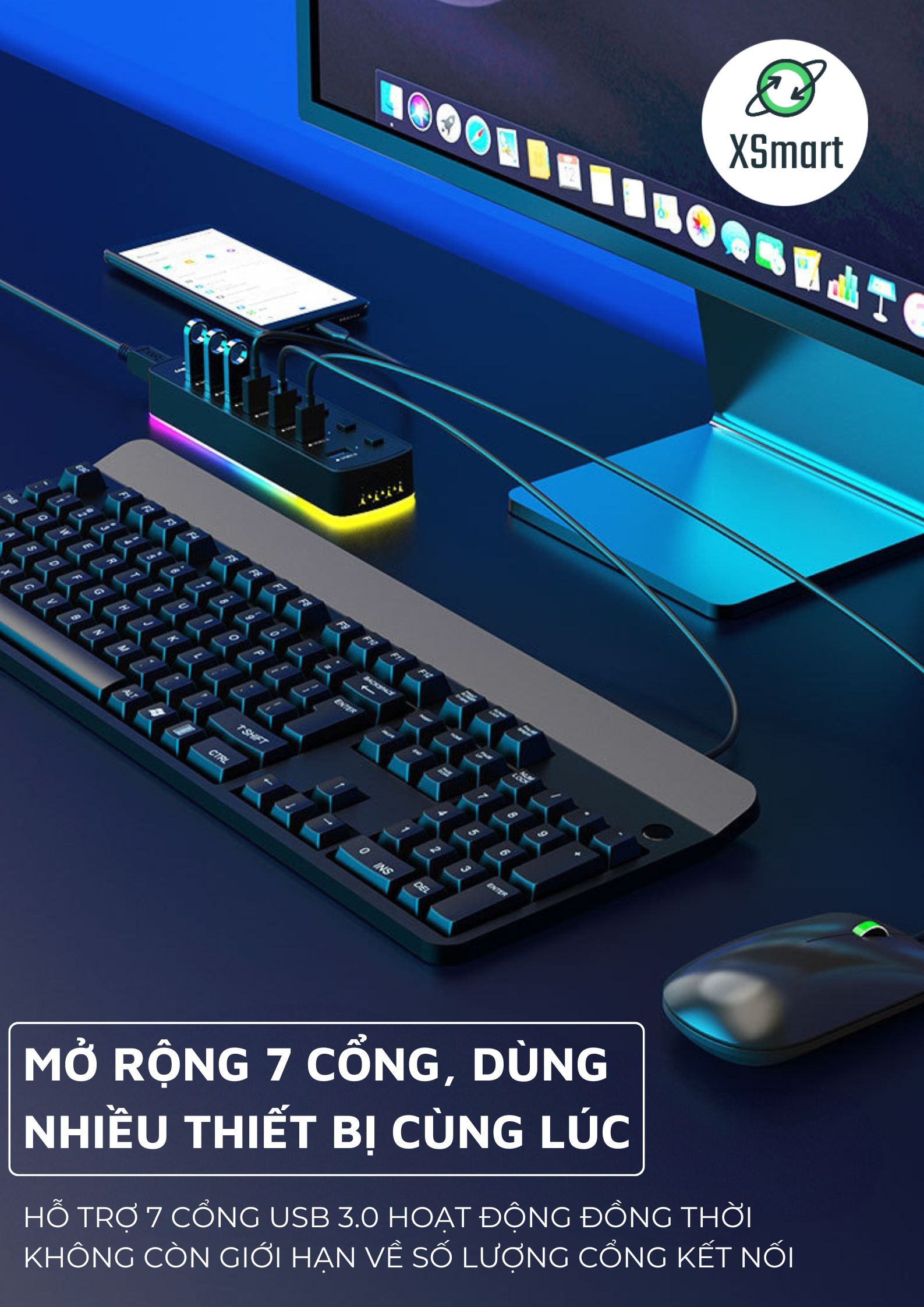 HUB USB 3.0 Bộ 7 Cổng Chia YX-U307 LED RGB, Truyền Dữ Liệu Tốc Độ Cao 5Gbps, Vật Liệu ABS + PC ...