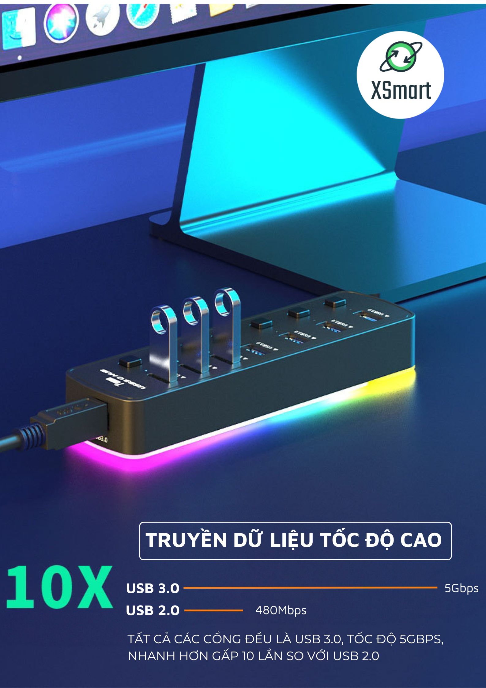 HUB USB 3.0 Bộ 7 Cổng Chia YX-U307 LED RGB, Truyền Dữ Liệu Tốc Độ Cao 5Gbps, Vật Liệu ABS + PC ...