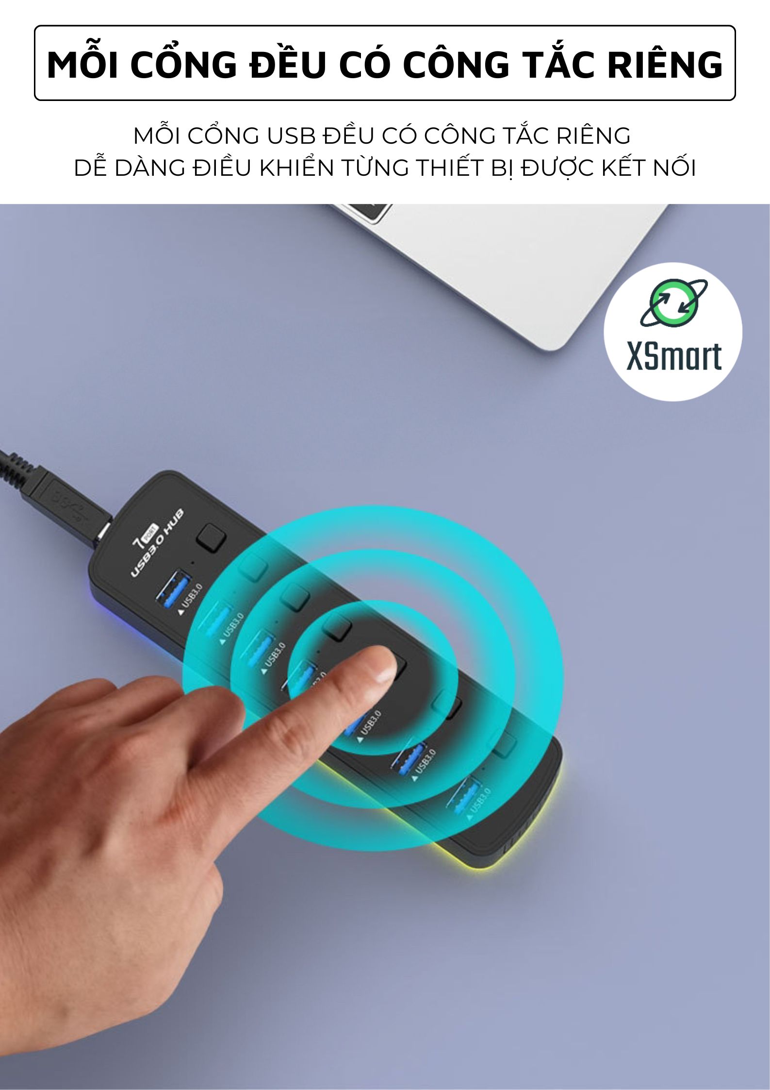 HUB USB 3.0 Bộ 7 Cổng Chia YX-U307 LED RGB, Truyền Dữ Liệu Tốc Độ Cao 5Gbps, Vật Liệu ABS + PC ...