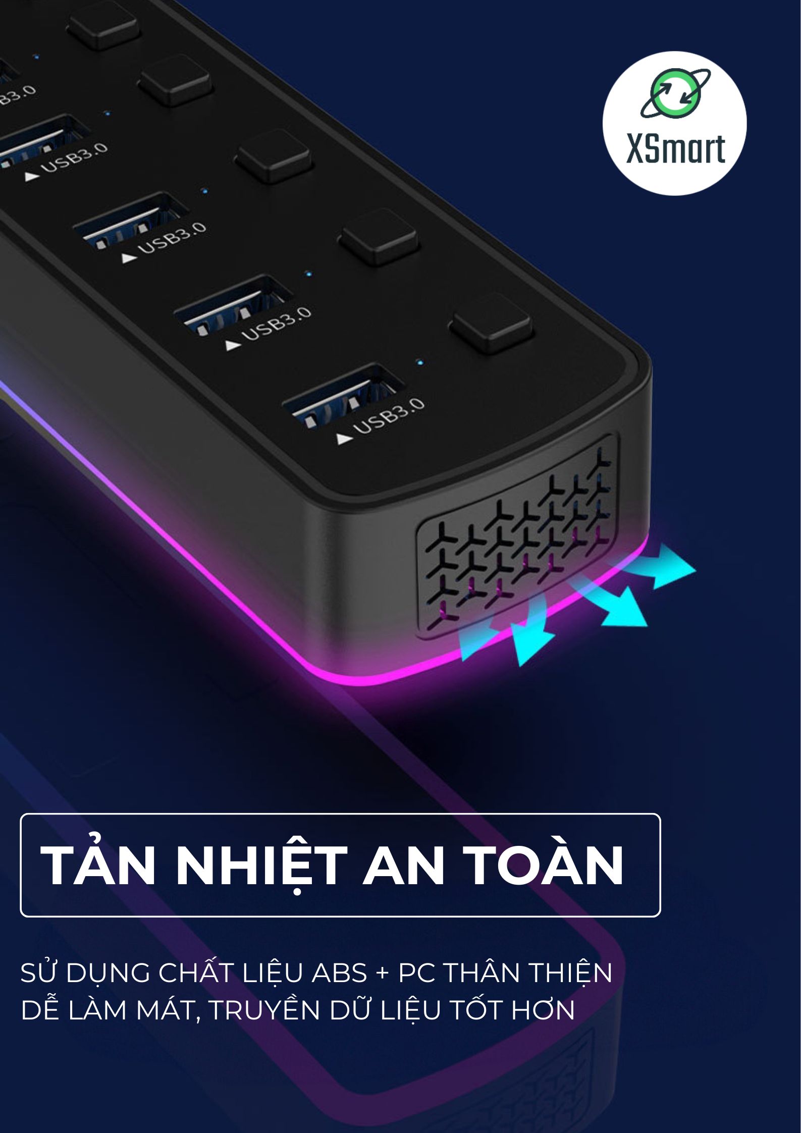 HUB USB 3.0 Bộ 7 Cổng Chia YX-U307 LED RGB, Truyền Dữ Liệu Tốc Độ Cao 5Gbps, Vật Liệu ABS + PC ...