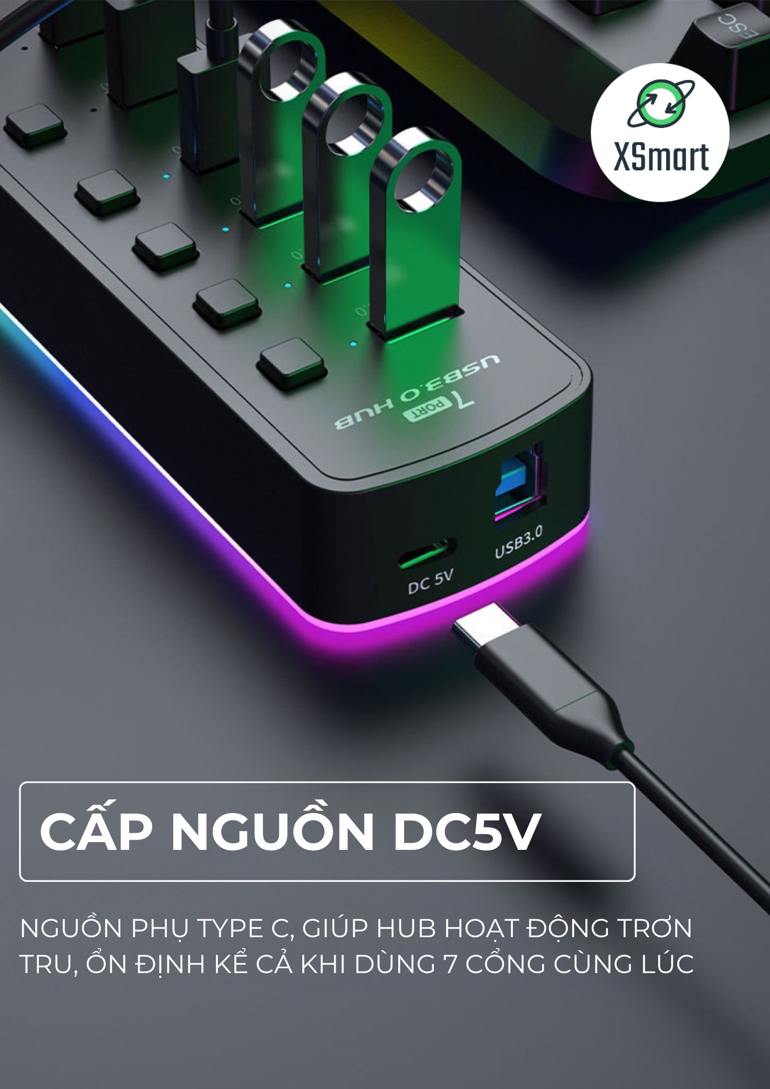 HUB USB 3.0 Bộ 7 Cổng Chia YX-U307 LED RGB, Truyền Dữ Liệu Tốc Độ Cao 5Gbps, Vật Liệu ABS + PC ...