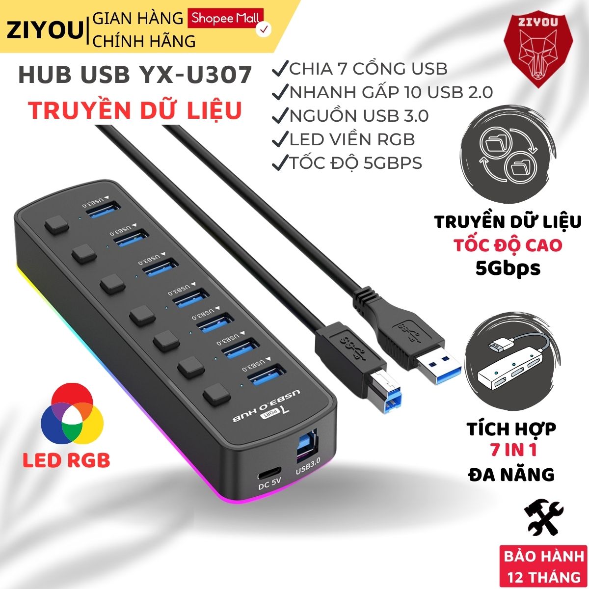 Bộ Chia Hub USB 7 Port USB 3.0 ZIYOU Yuxi YX-U307 Có Công Tắc Riêng, LED RGB, Truyền Dữ Liệu ...