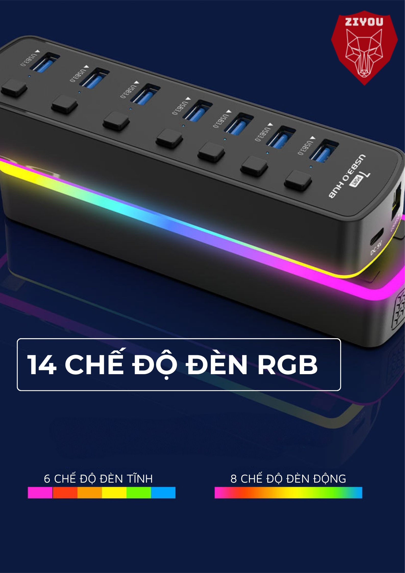 Bộ Chia Hub USB 7 Port USB 3.0 ZIYOU Yuxi YX-U307 Có Công Tắc Riêng, LED RGB, Truyền Dữ Liệu ...
