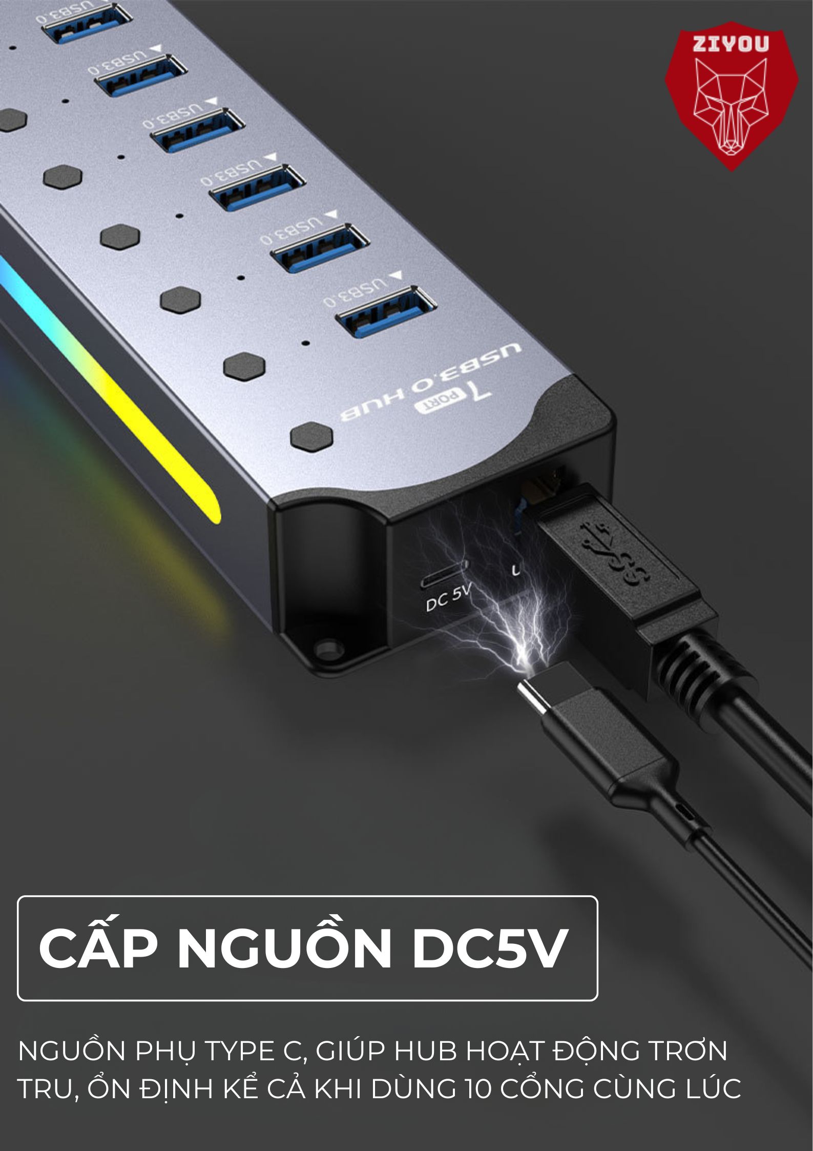 Bộ Chuyển Đổi HUB 3.0 Vỏ Nhôm Ziyou Yuxi U3H702 10 in 1 LED RGB Truyền ...