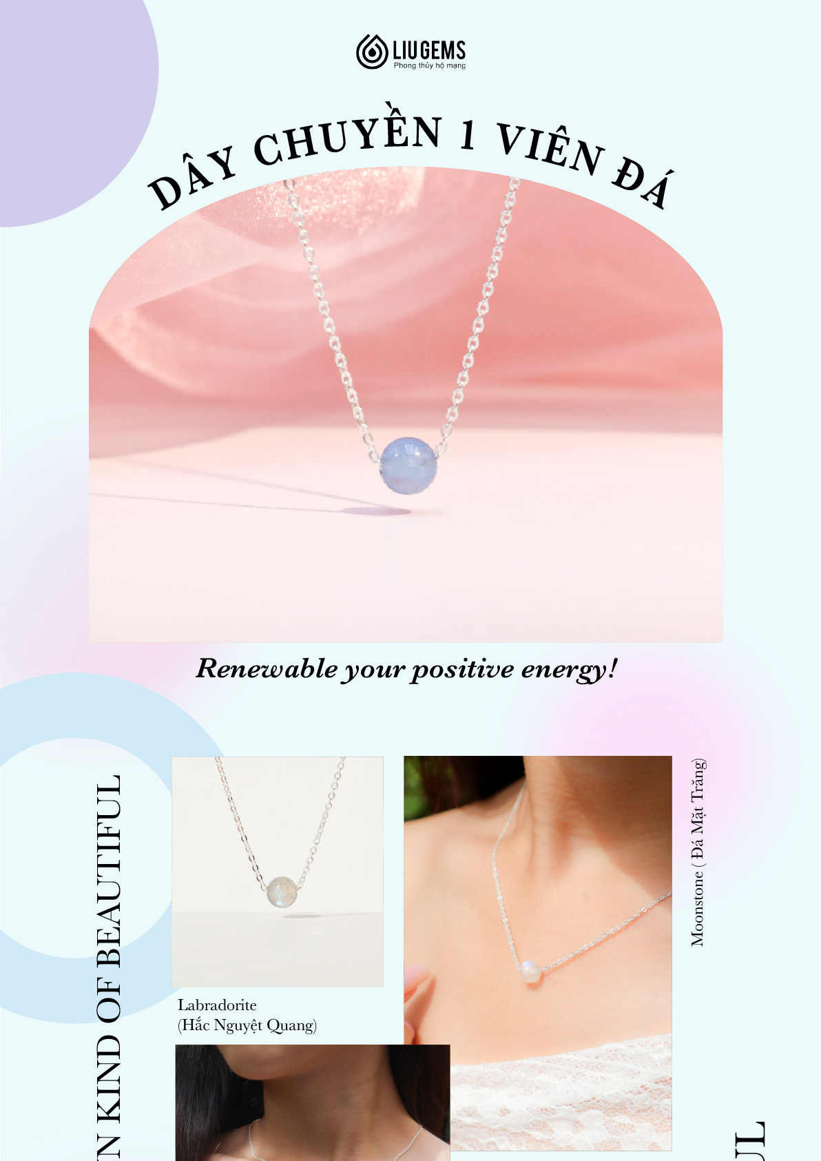Dây Chuyền Bạc Nữ Liugems 1 Hạt Size Nhỏ Tinh Tế Mix Đá Phong Thuỷ Tròn ...