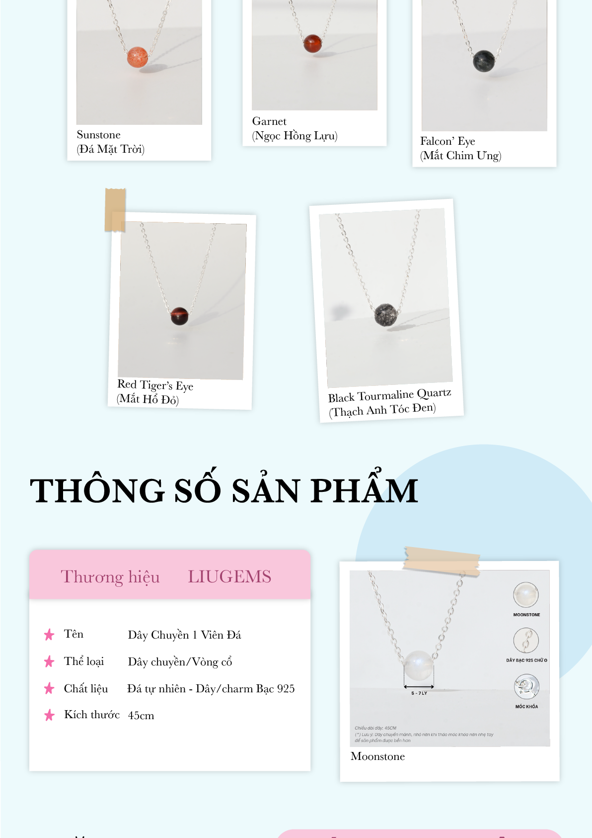 Dây Chuyền Bạc Nữ Liugems 1 Hạt Size Nhỏ Tinh Tế Mix Đá Phong Thuỷ Tròn ...
