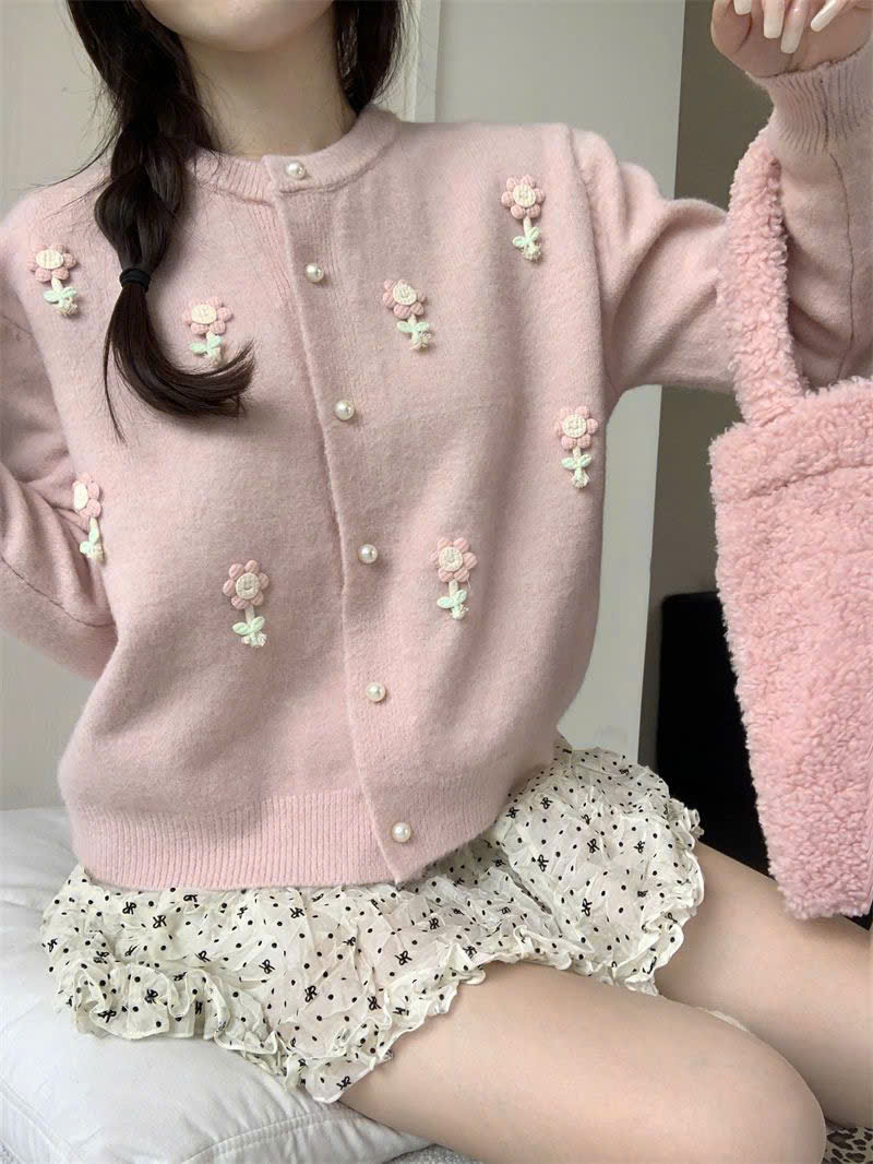 Áo Khoác Cardigan Len Cổ Tròn, Áo Len Cardigan Dệt Kim Phối Hoa Ngọc Dễ ...