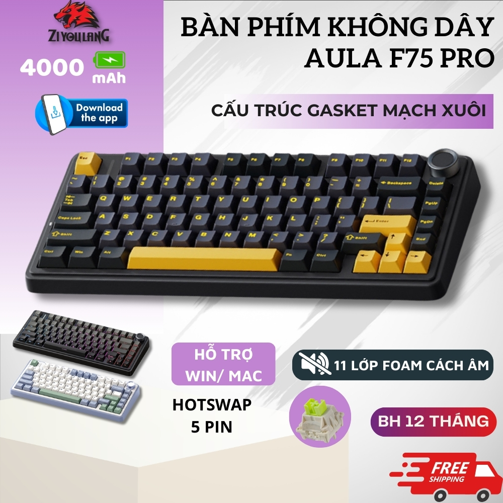 Bàn Phím Cơ Không Dây Ziyoulang Aula F75 Pro V2 Hotswap 5 Pin Mạch Xuôi Led RGB, Có App Tùy ...