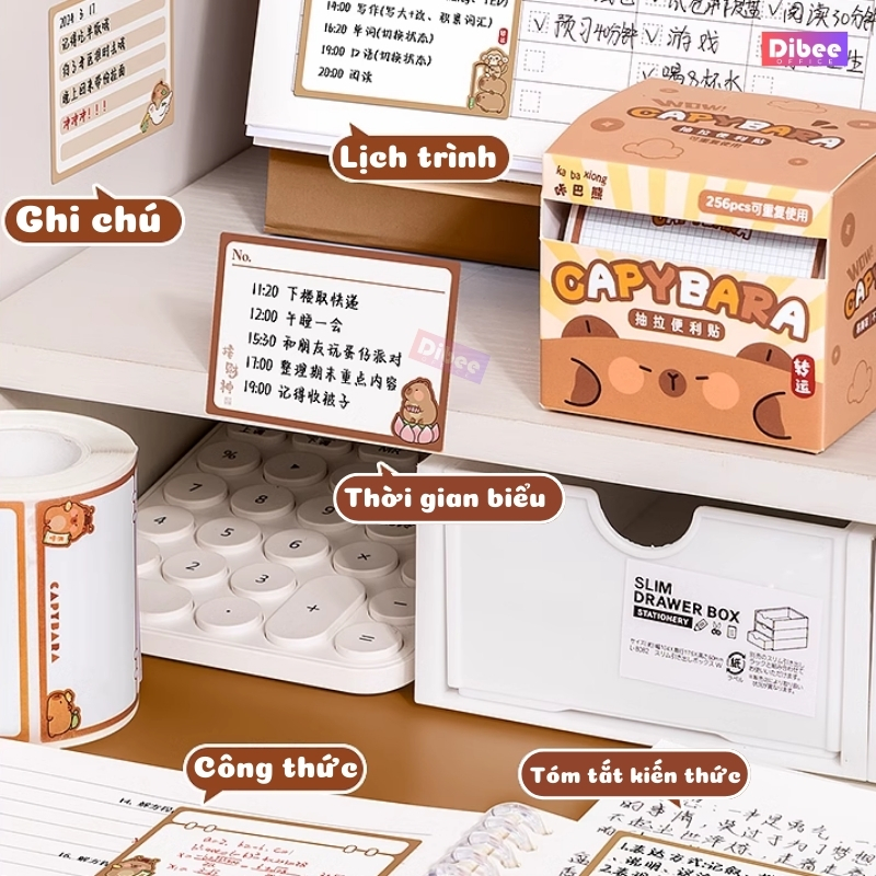 Giấy note nhãn dán dạng cuộn Dibee, hộp giấy note kéo có keo dán, nhãn dán vở dành cho học sinh ...