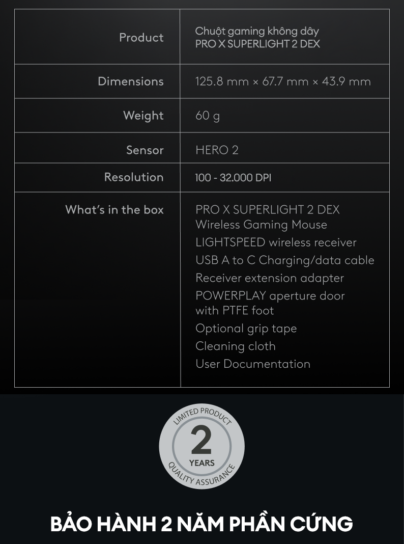 Chuột Gaming không dây Logitech G PRO X SUPERLIGHT 2 DEX LIGHTSPEED, Nhẹ 60g, Hero 2, 32k DPI ...