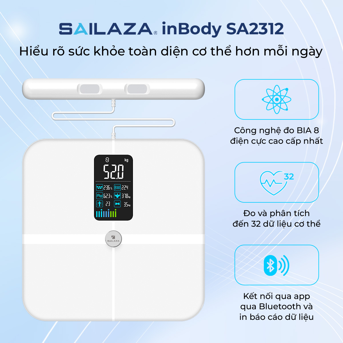 Cân điện tử sức khỏe cao cấp, máy inbody 8 điện cực chuẩn Âu Mỹ chính hãng SAILAZA SA-2312 ...