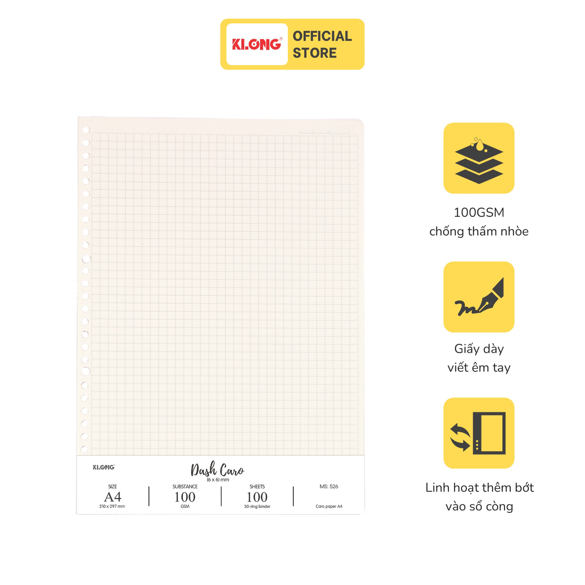 Ruột sổ còng giấy refill KLONG 100GSM Dash Caro Dash Line InviDot Line A5 B5 A4 200 trang ...