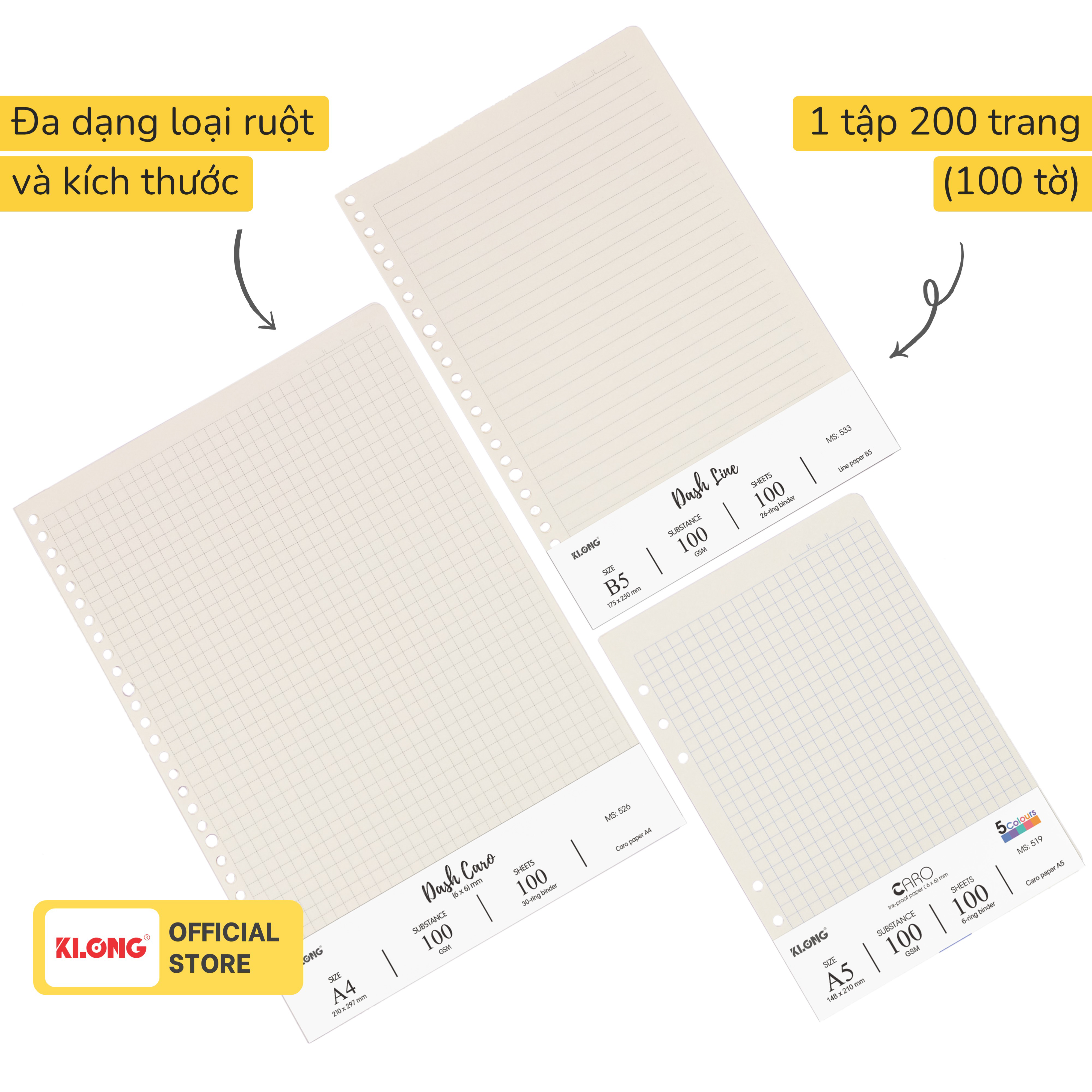 Ruột sổ còng giấy refill KLONG 100GSM Dash Caro Dash Line InviDot Line A5 B5 A4 200 trang ...