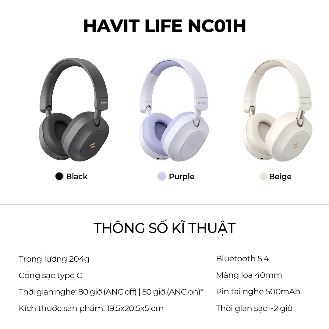 Tai Nghe Headphone Bluetooth HAVIT H668BT (LIFE NC01H), BT 5.4, Màng Loa 40mm, Chống Ồn ANC ...