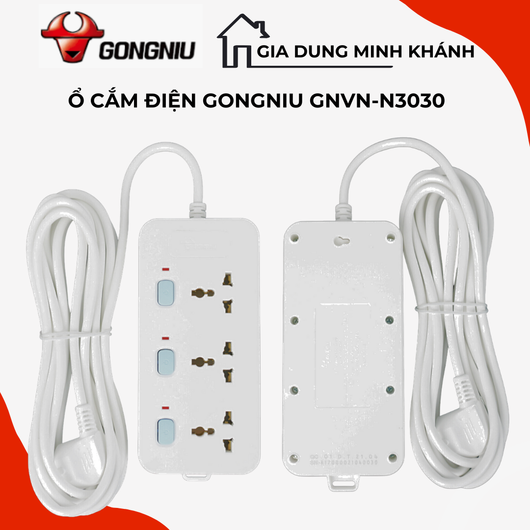Ổ cắm điện Gongniu N3030 – 3 Ổ đa năng 3 công tắc, 2500W, tắt mở 10.000 lần, an toàn, chống cháy ...