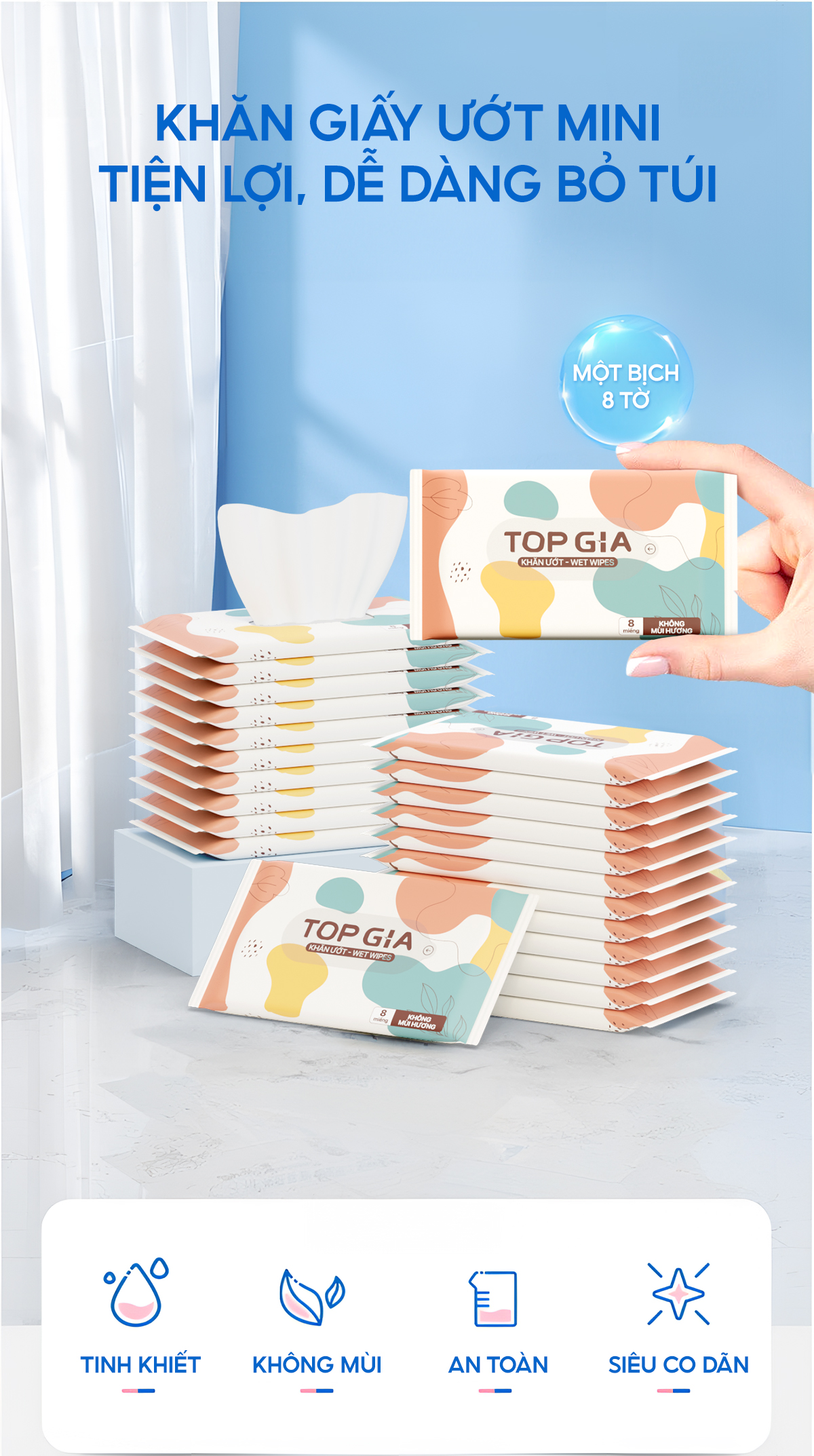 [TOPGIA] Khăn ướt mini TOPGIA cao cấp túi 10 gói 8 tờ mềm mại, không ...