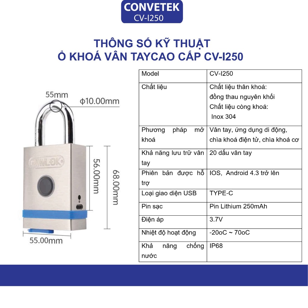Ổ khóa vân tay inox Convetek CV-I250 cỡ lớn mở bằng vân tay, app điện ...