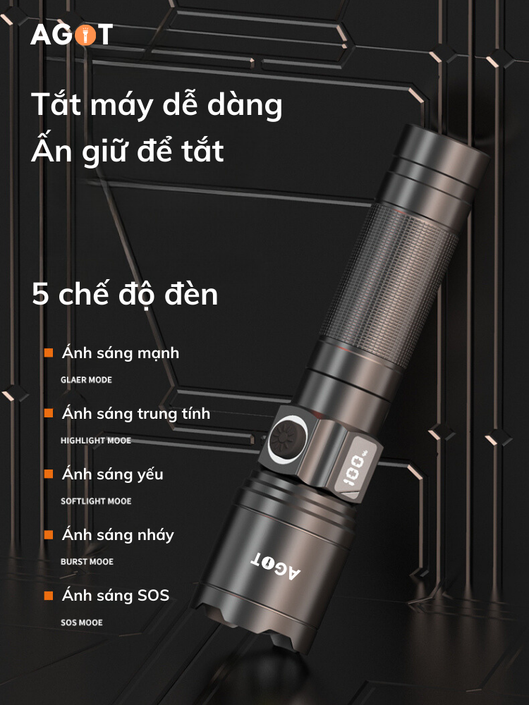 Đèn pin cầm tay siêu sáng AGOT màn hình LCD hiển thị pin, Bấc đèn nhập ...