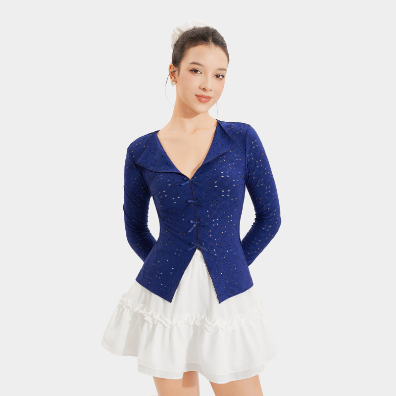 MARC FASHION Áo Thun Thêu Tay Dài Cổ Tim Đính Nơ Thân Trước ...