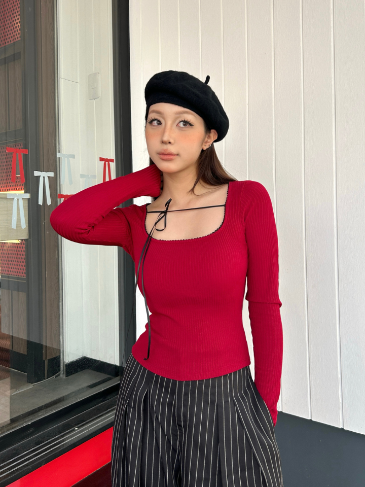 Áo thun gân Doris AGN05 cổ vuông phối ren, thắt nơ, dài tay ôm body ...