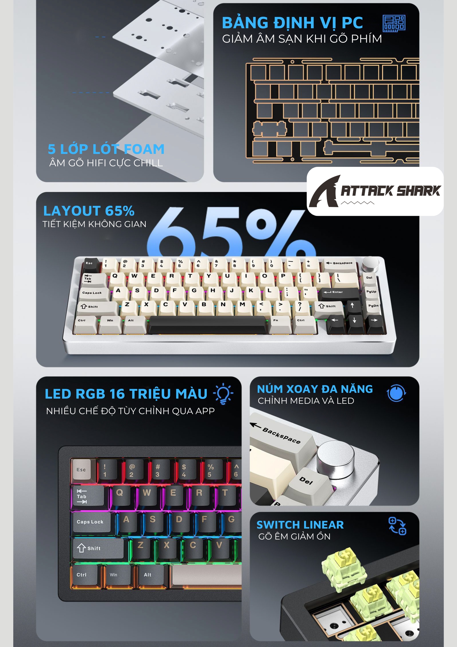 Bàn Phím Cơ Không Dây Attack Shark Dark Ailen R65 Khung Nhôm Aluminum ...