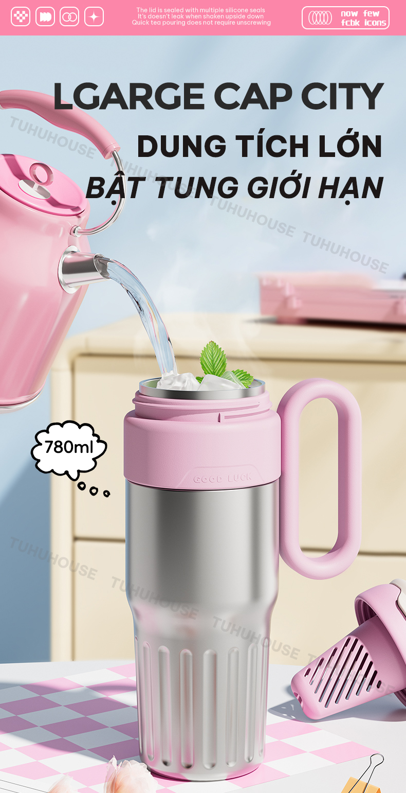 Ly giữ nhiệt khắc tên GOOD LUCK 780ml, cốc giữ nhiệt nóng lạnh có lõi ...