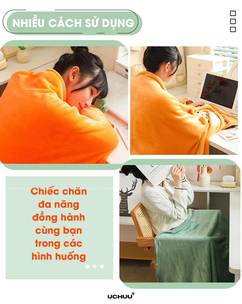 Chăn Văn Phòng UCHUU Mền Ngủ Trưa Gấp Gọn Có Nút Bấm, Chăn Lông Thêu ...