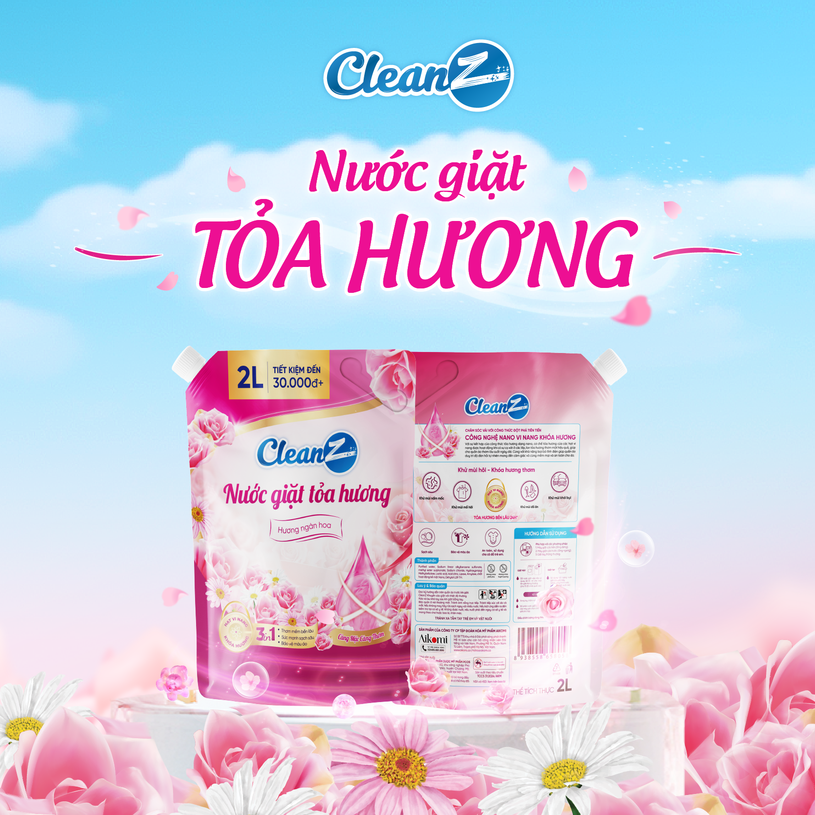 (Mua 2L tặng 2L) Nước giặt xả tỏa hương CleanZ đánh bay vết bẩn, hương thơm mềm mại 2L (Túi ...