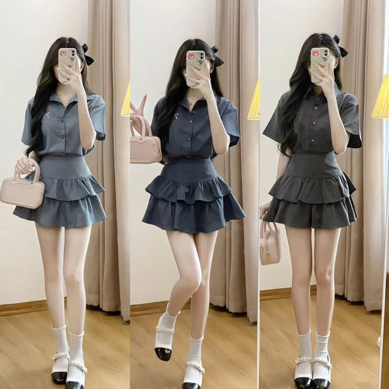 Set bộ đồ nữ áo sơ mi thêu nơ nhỏ mix chân váy 2 tầng hottrend B324 SUTANO | Shopee Việt Nam