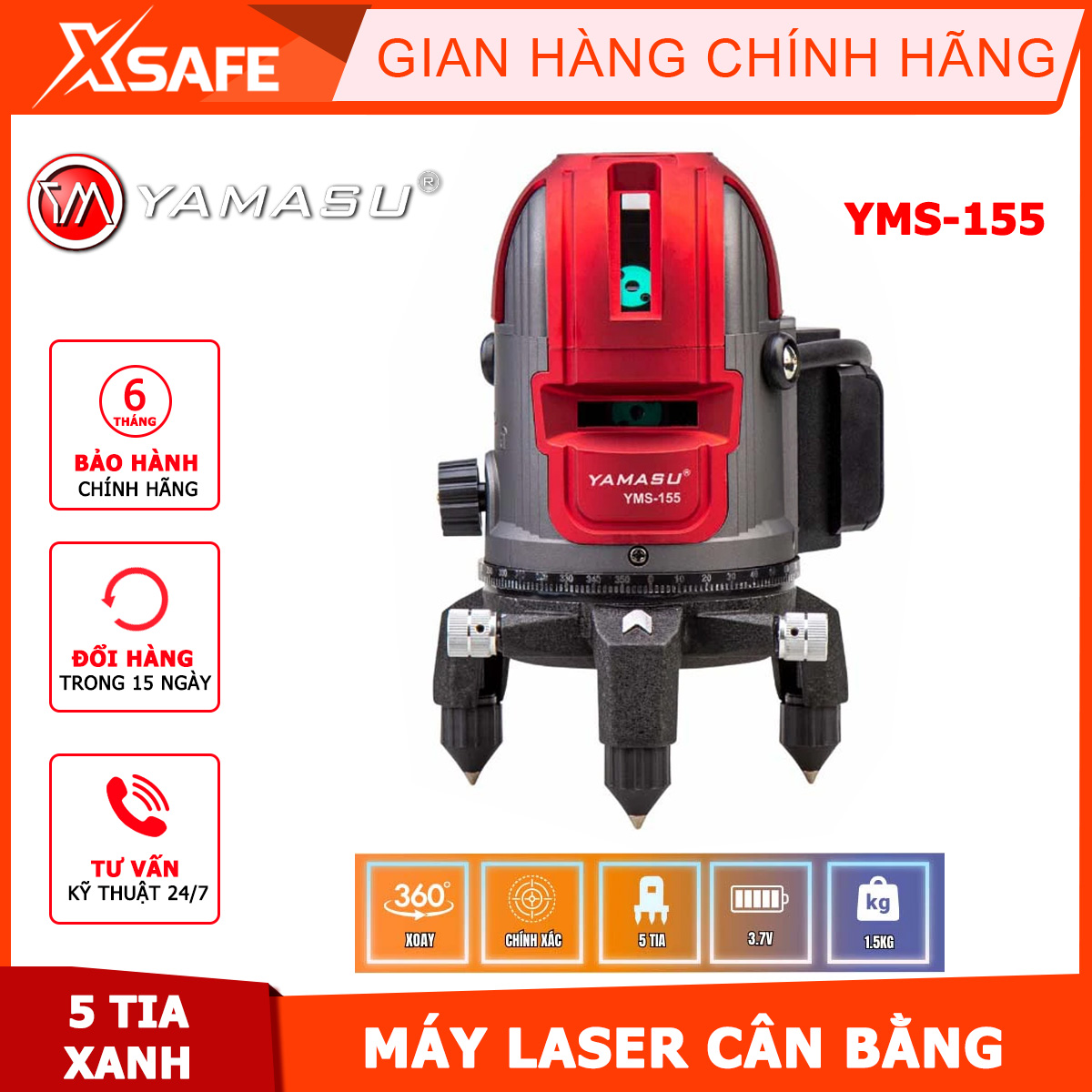 Máy laser cân bằng 5 tia xanh YAMASU YMS-155 4 tia đứng, 1 tia ngang, 1 tia dọi tâm - Chính hãng ...