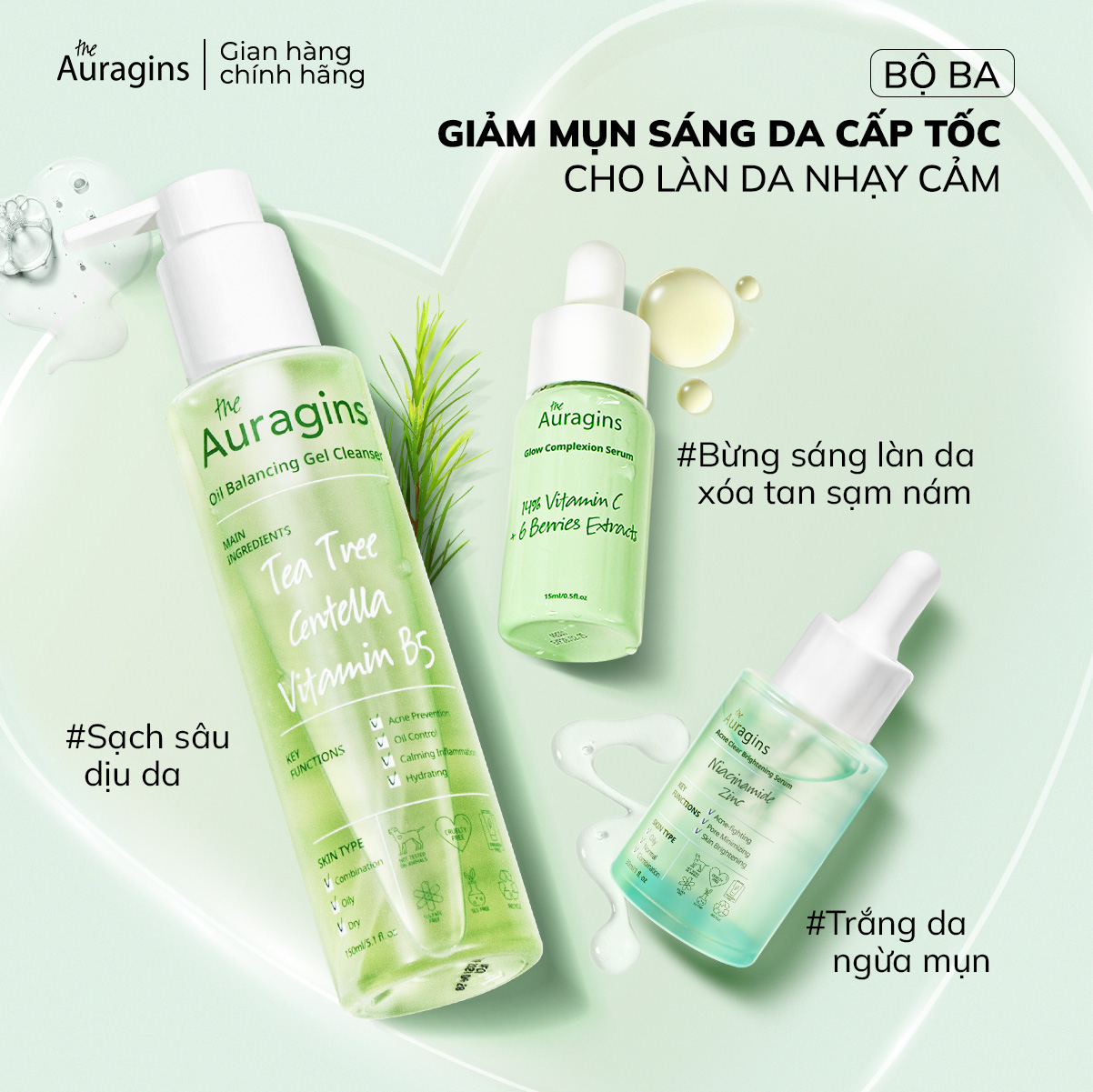 Combo 4 Hỗ Trợ Giảm Mụn Lành Tính Serum The Auragins 10% Niacinamide ...