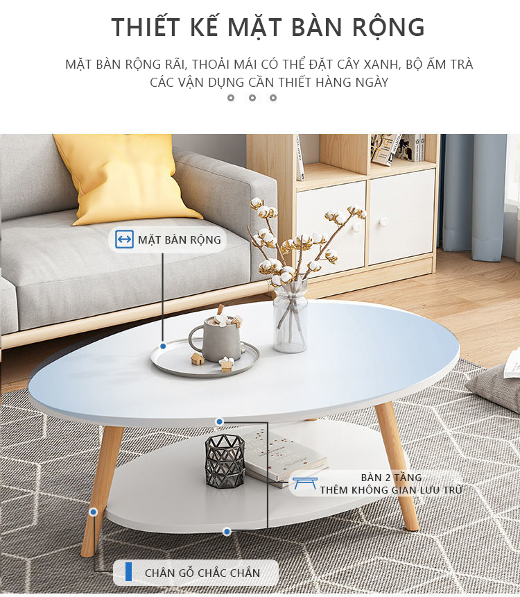 Bàn trà sofa bàn cafe 2 tầng hình trứng mặt gỗ MDF chân gỗ sồi thương ...