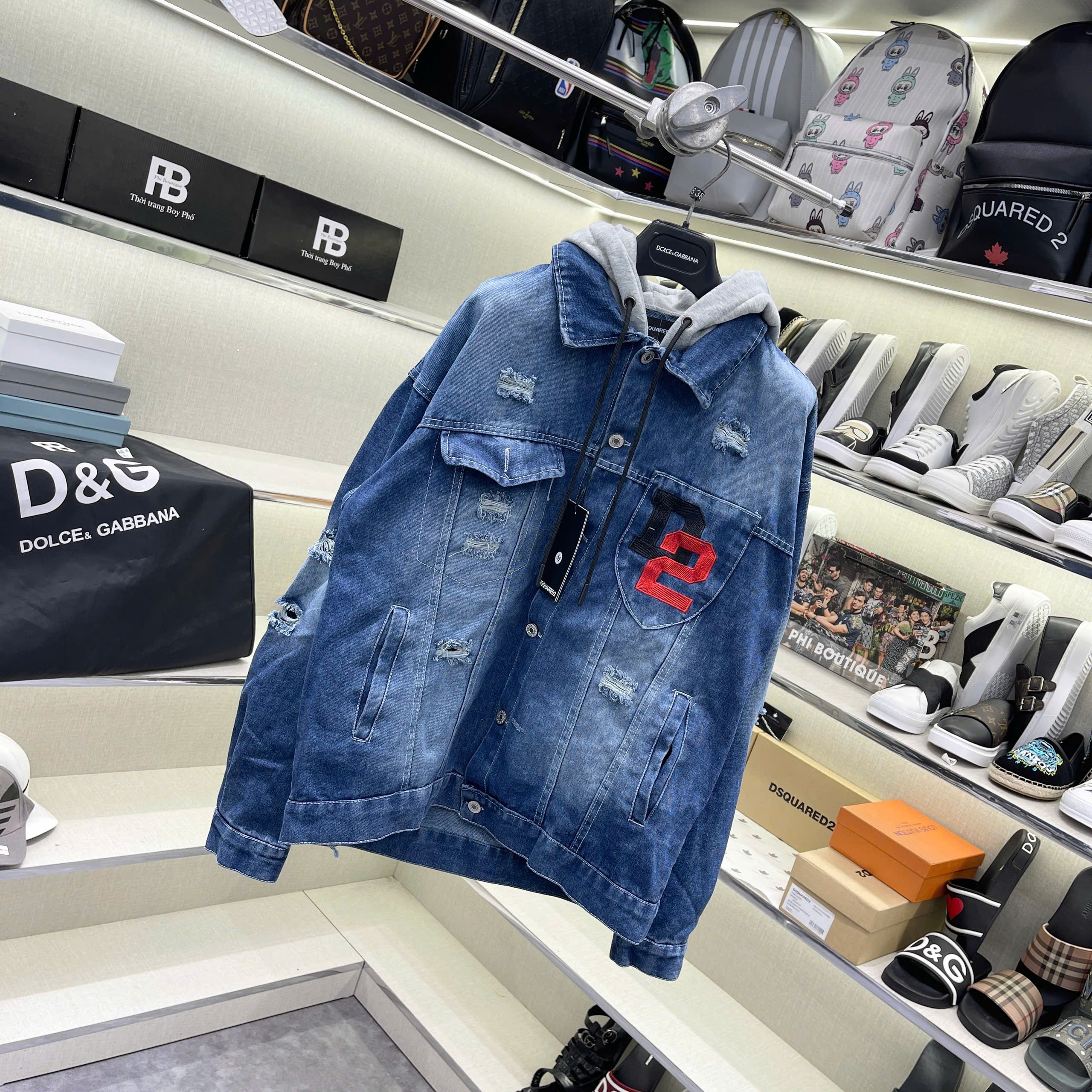 Áo khoác bò có mũ nam nữ DSQ denim xanh wash bạc rách thêu chữ D2 ngực phối mũ xám 2 lớp in chữ ...