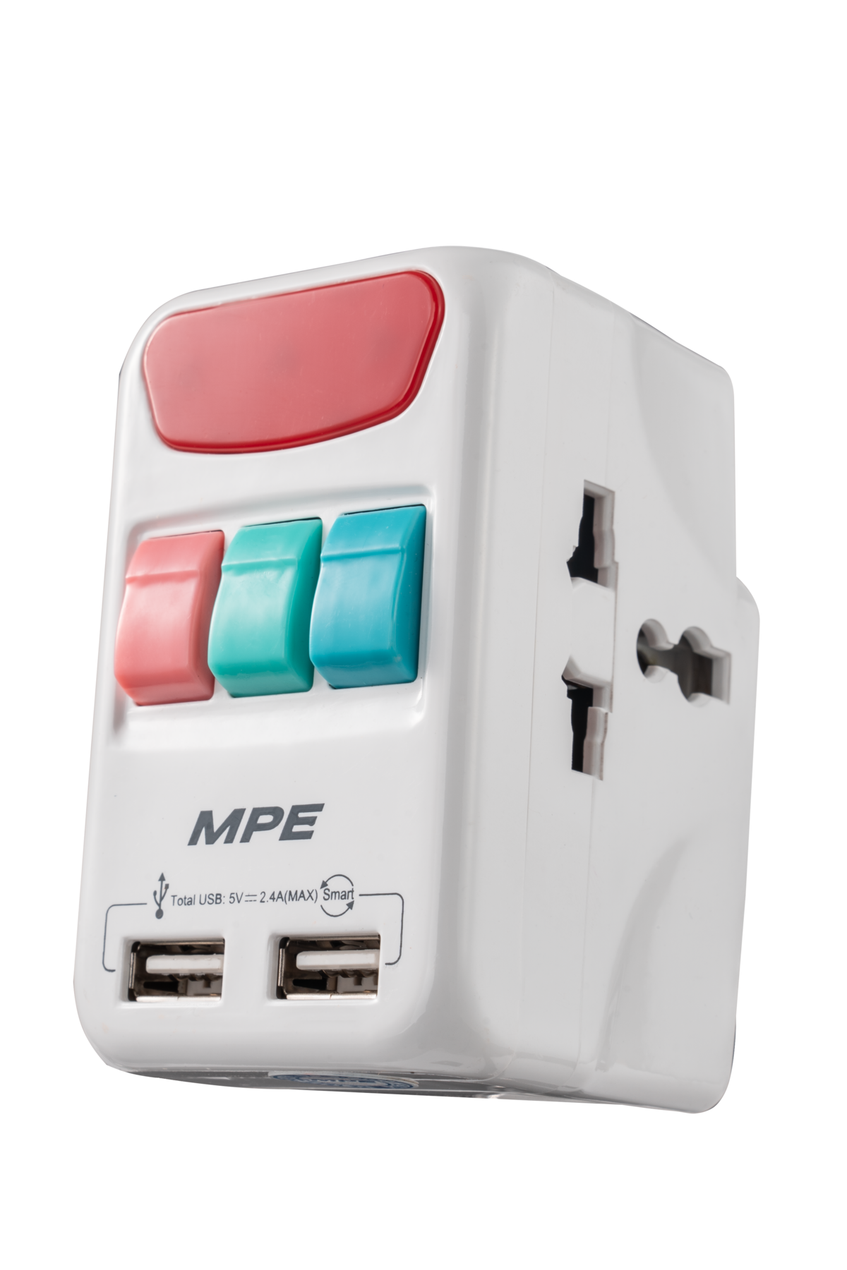 Ổ cắm du lịch MPE seri TA4/TA5, 2 cổng USB Type A, seri TA4 3 ổ cắm đa năng, TA5 3 dạng phích ...