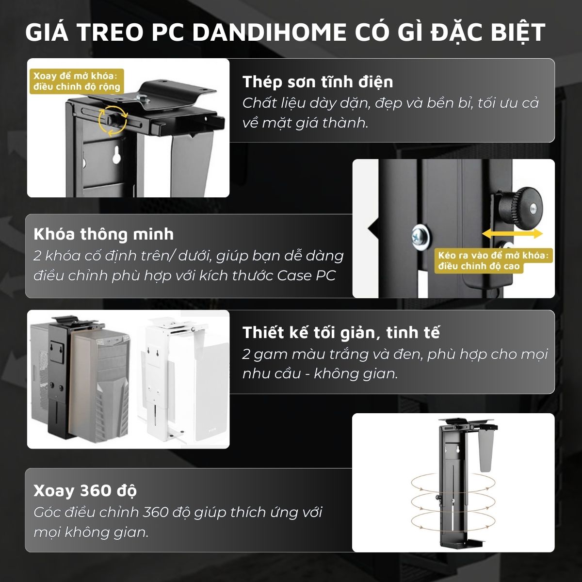 Giá treo PC, giá đỡ CPU gắn bàn DandiHome có thể điều chỉnh độ rộng/cao ...