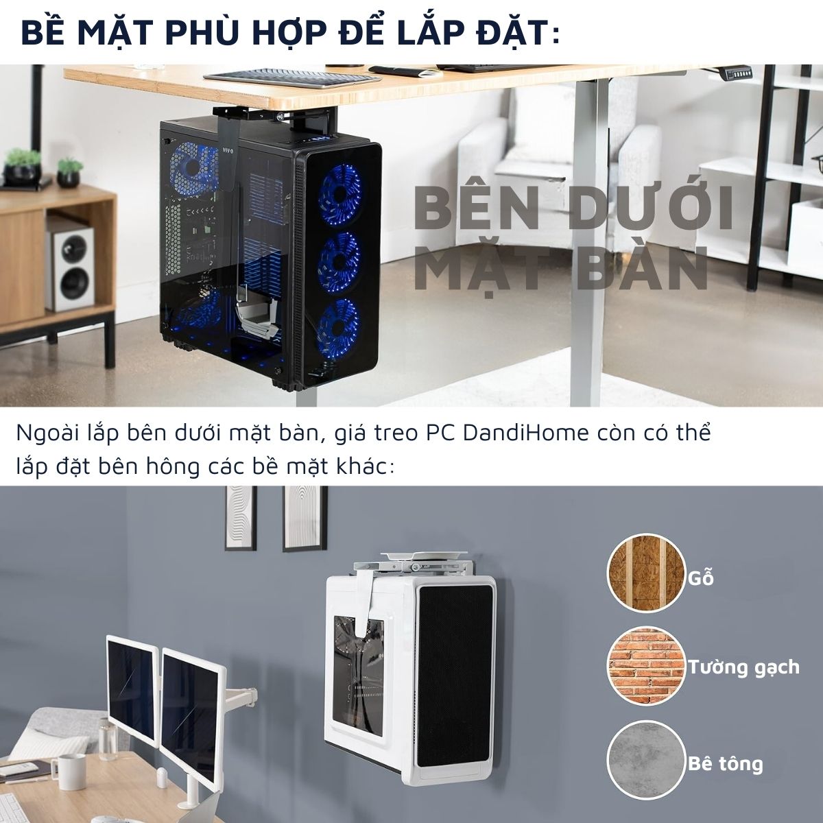 Giá treo PC, giá đỡ CPU gắn bàn DandiHome có thể điều chỉnh độ rộng/cao ...