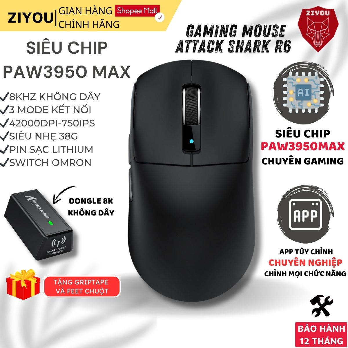 Chuột Không Dây Gaming Attack Shark R6 Siêu Chip PAW3950MAX 42000DPI ...