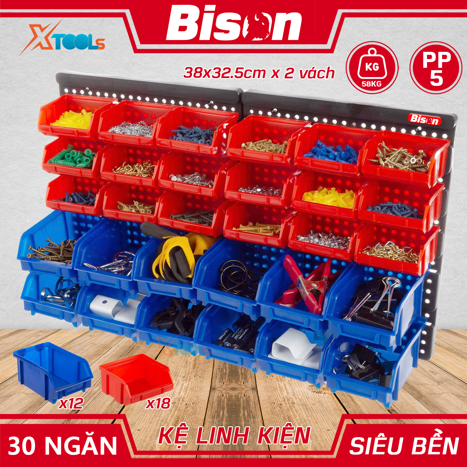 Giá đựng linh kiện treo tường BISON 30 ngăn, bộ kệ bảng pegboard đựng ...