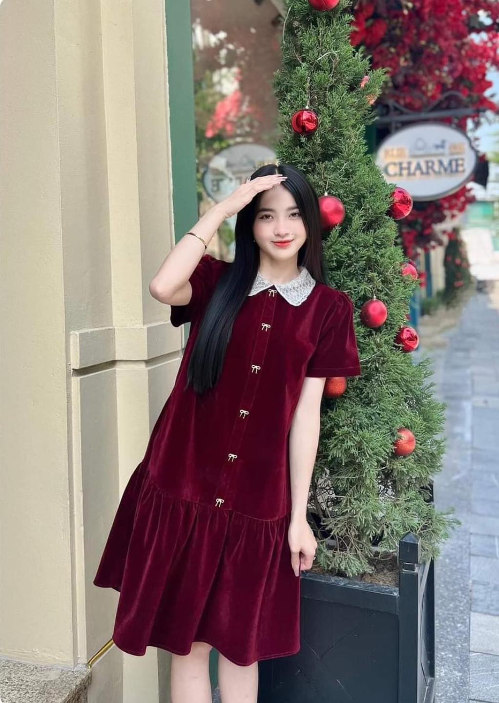 Đầm bầu BIGSIZE váy BẦU nhung Đỏ noel tết tiệc đuôi cá loại 1 cổ ren đính nơ đuôi cá Oanhltk 40 ...