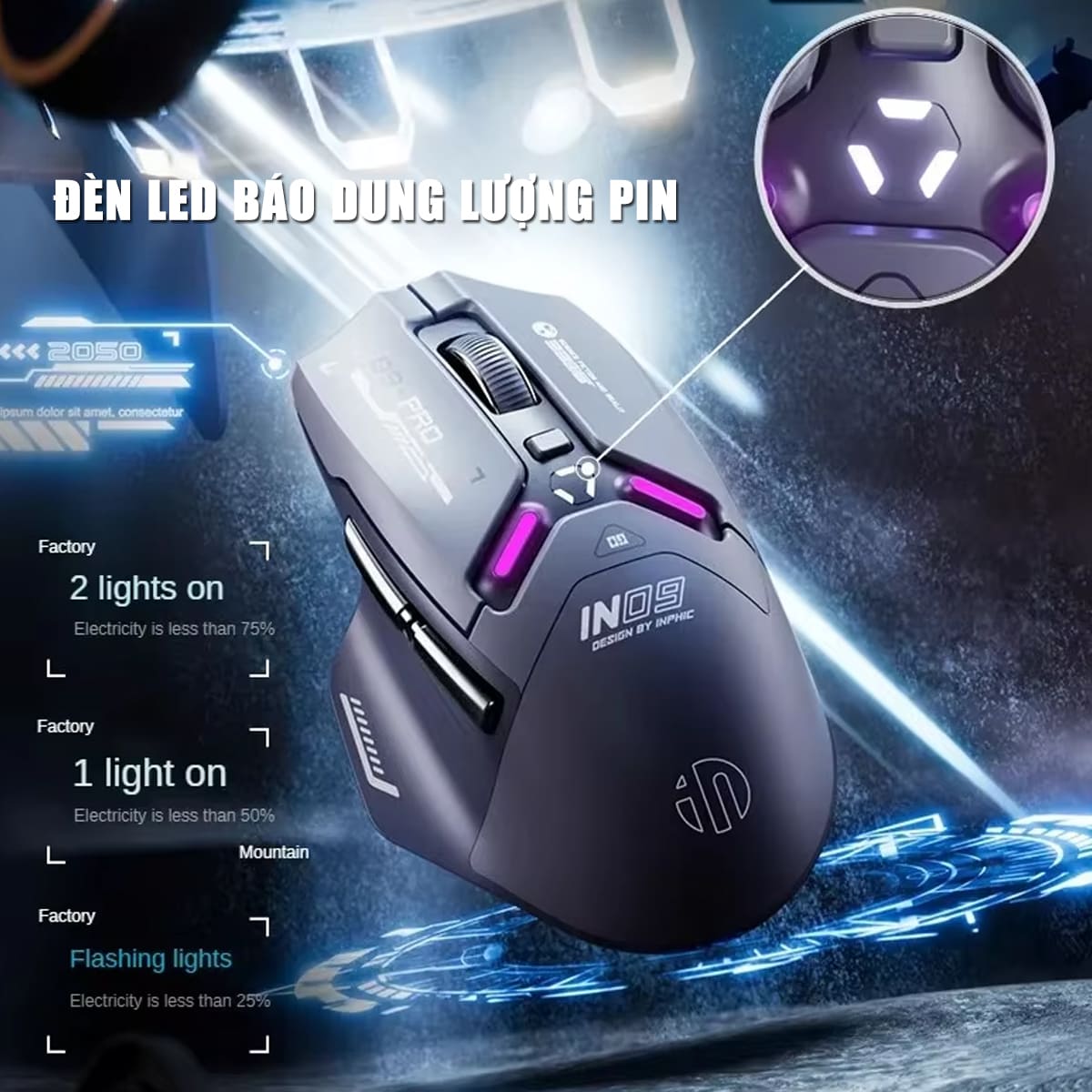 Chuột không dây Bluetooth Gaming Inphic IN9 Pro 3 chế độ kết nối pin sạc App tùy chỉnh 26000 DPI ...