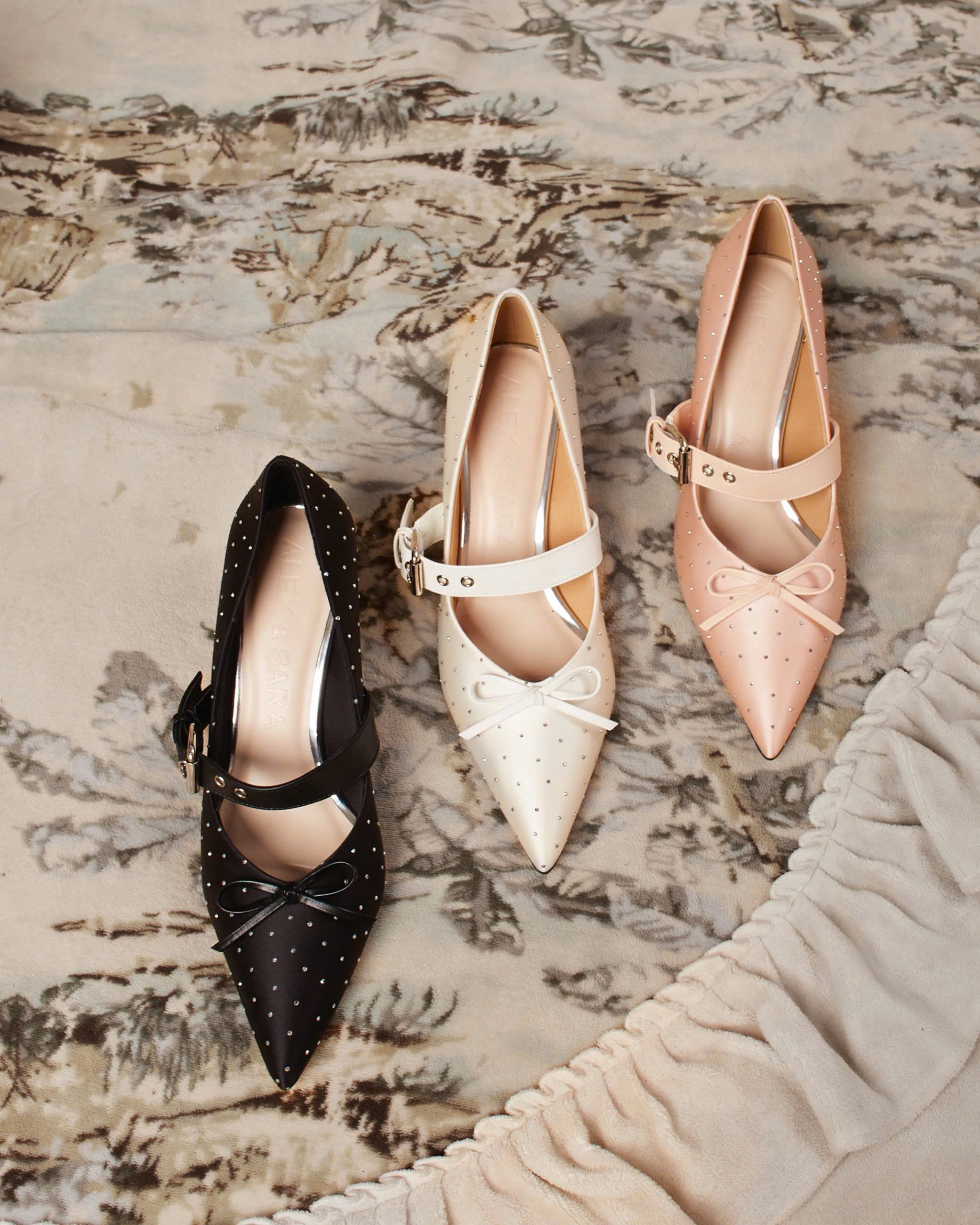 Giày cao gót nữ bít mũi nhọn nơ ria mèo, quai ngang đính đá gót cao 5cm phù hợp đi tiệc đi chơi ...