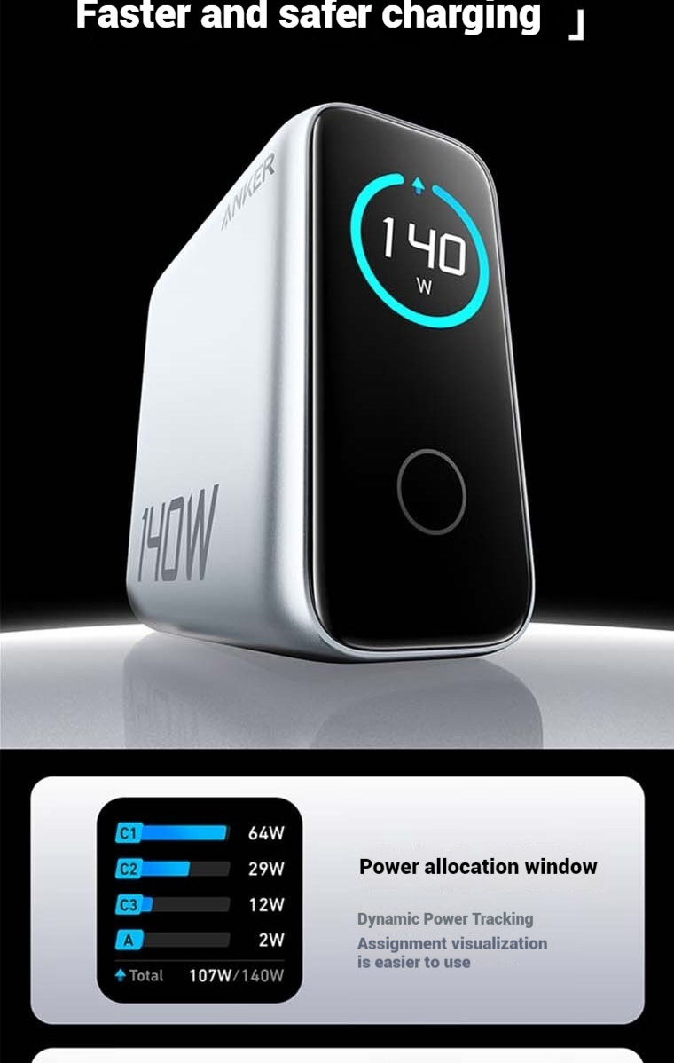 Củ sạc Anker Zolo 140W GaN A2697, màn hình LED, 3 cổng Type C, sạc ...