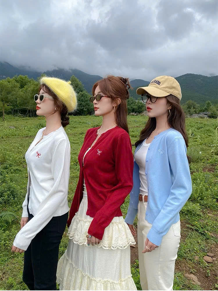 Áo Khoác Len Dệt Kim, Áo Cardigan Cổ Tròn Màu Trơn Thêu Nơ Ngực Phong ...