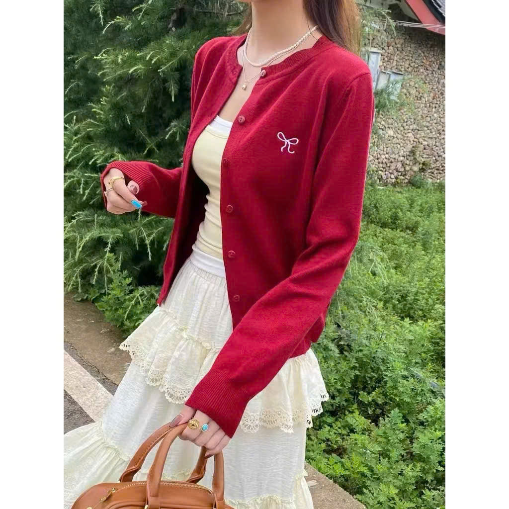 Áo Khoác Len Dệt Kim, Áo Cardigan Cổ Tròn Màu Trơn Thêu Nơ Ngực Phong ...