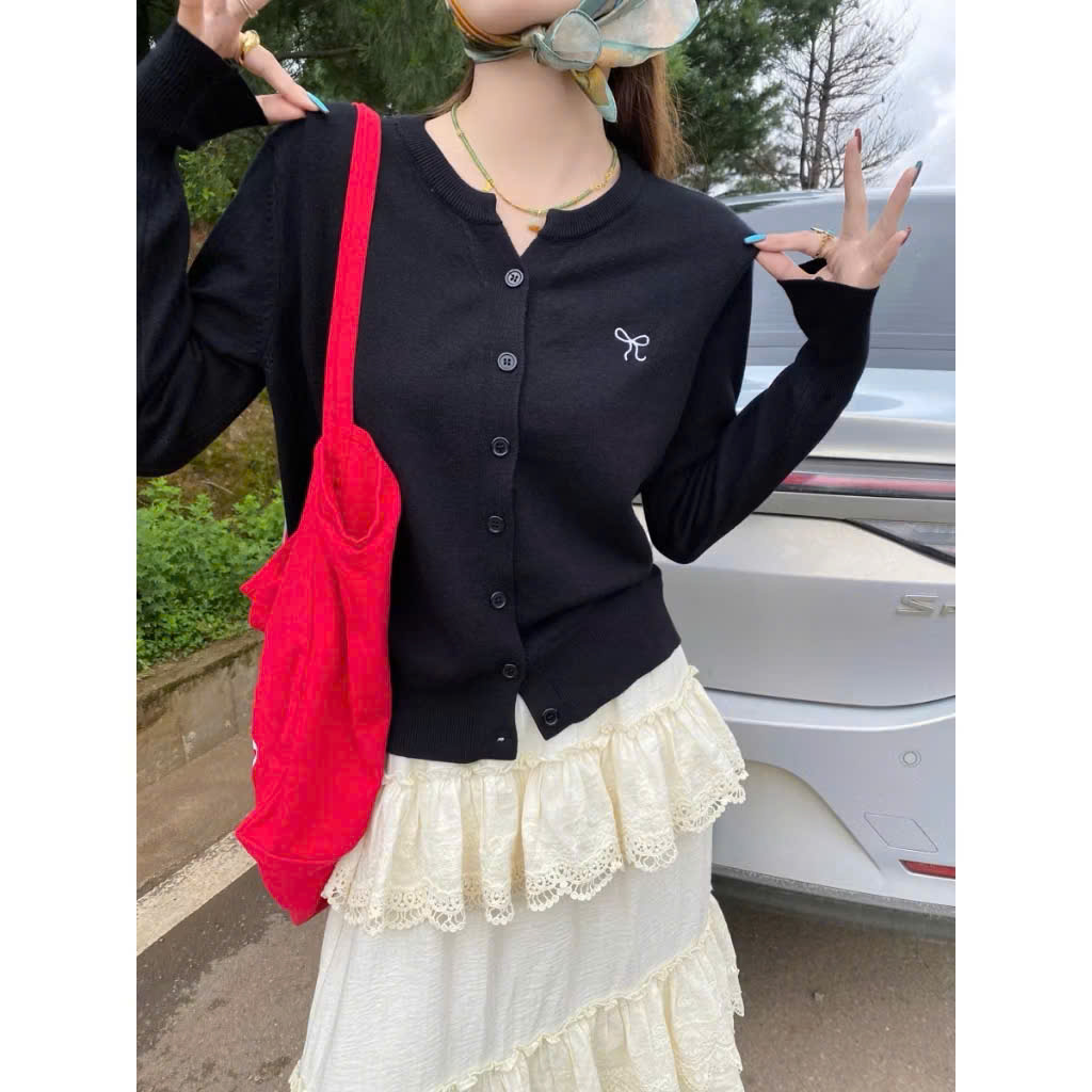Áo Khoác Len Dệt Kim, Áo Cardigan Cổ Tròn Màu Trơn Thêu Nơ Ngực Phong ...