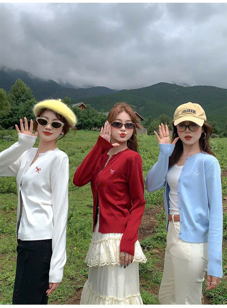 Áo Khoác Len Dệt Kim, Áo Cardigan Cổ Tròn Màu Trơn Thêu Nơ Ngực Phong ...