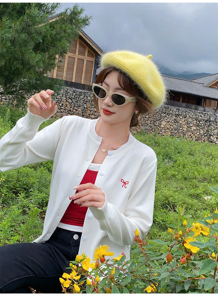 Áo Khoác Len Dệt Kim, Áo Cardigan Cổ Tròn Màu Trơn Thêu Nơ Ngực Phong ...