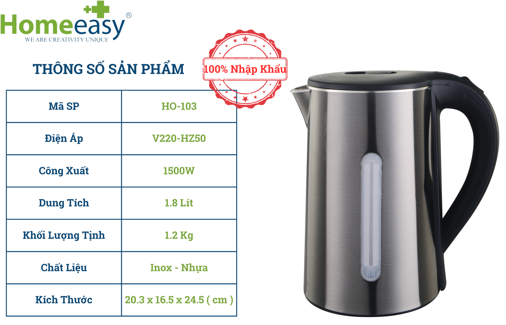 Ấm Điện Siêu Tốc Homeeasy HO-103, Công Suất 1500W Sôi Nhanh 5 Phút, Đèn ...