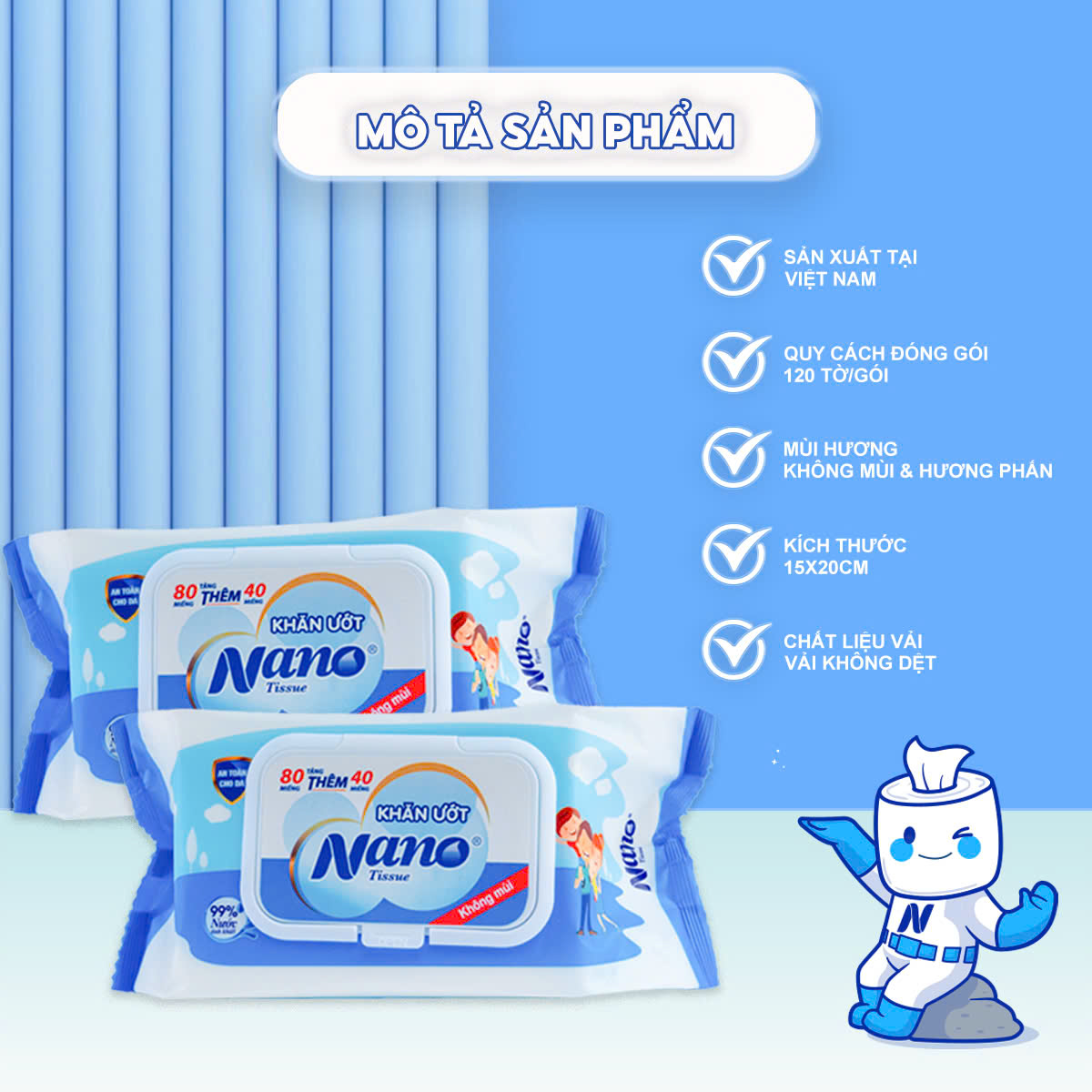 [Mua 10 tặng 8] Khăn ướt gia đình 120 tờ không cồn, khăn ướt an toàn ...