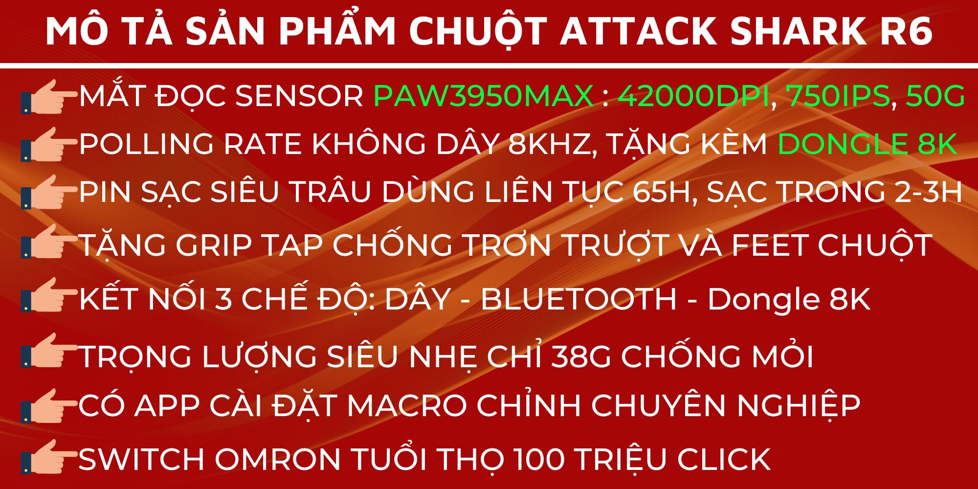Chuột Gaming Bluetooth Không Dây Attack Shark R6 PAW3950 MAX Siêu Nhẹ ...